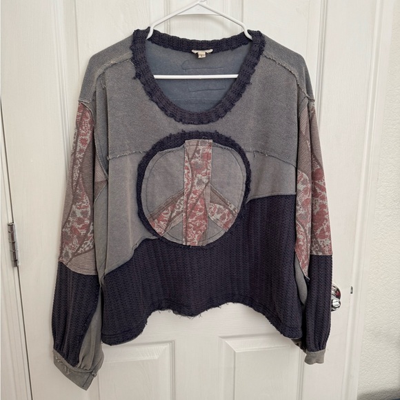 POL | Tops | Pol Peace Sign Patchwork Sweater Blue Tones | Poshmark
